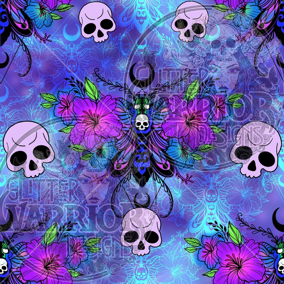 Goth Moth Hibiscus Seamless Pattern, PNG 300dpi for DTF Transfers ...