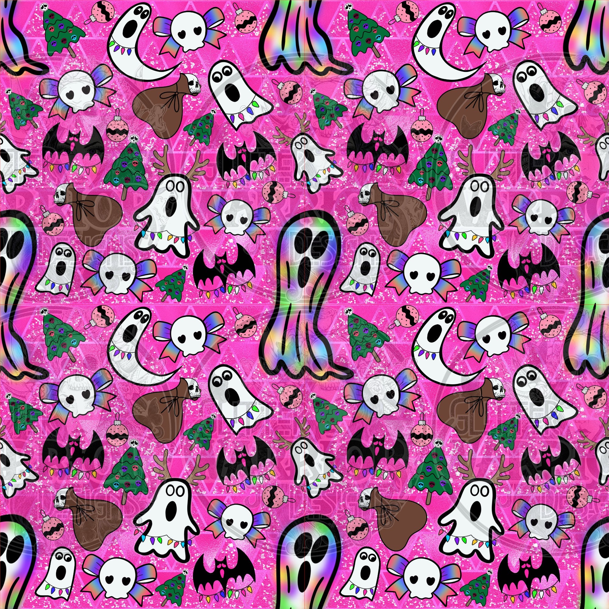 Fun Spooky Design, Hand Drawn Rainbow Christmas Ghosts Seamless Pattern ...