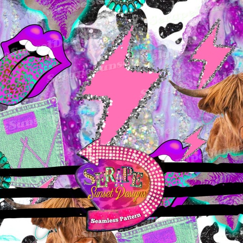 Lightening Highland Cow Collage Seamless Pattern - Etsy