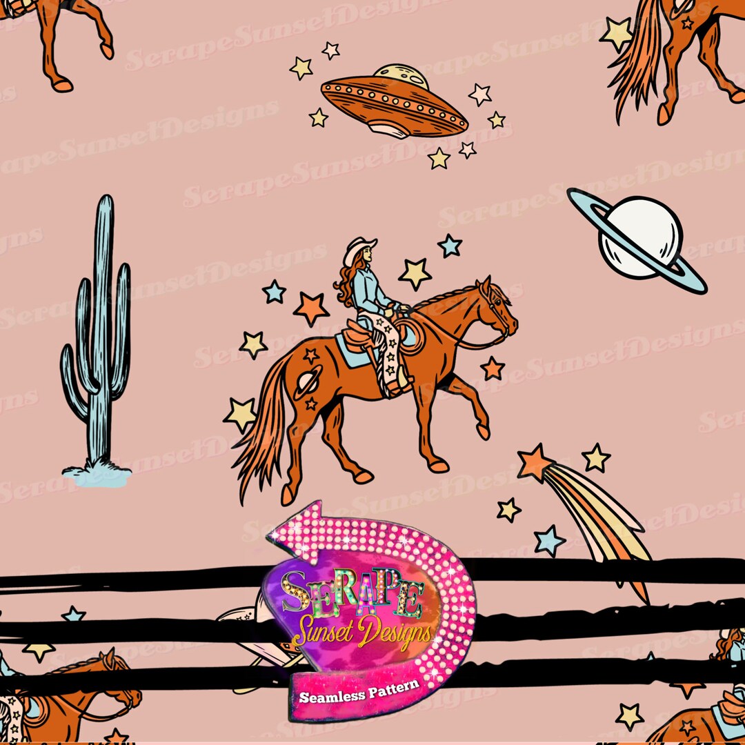 Space Cowgirl Retro Pink Western Seamless Pattern, Fabric Pattern - Etsy