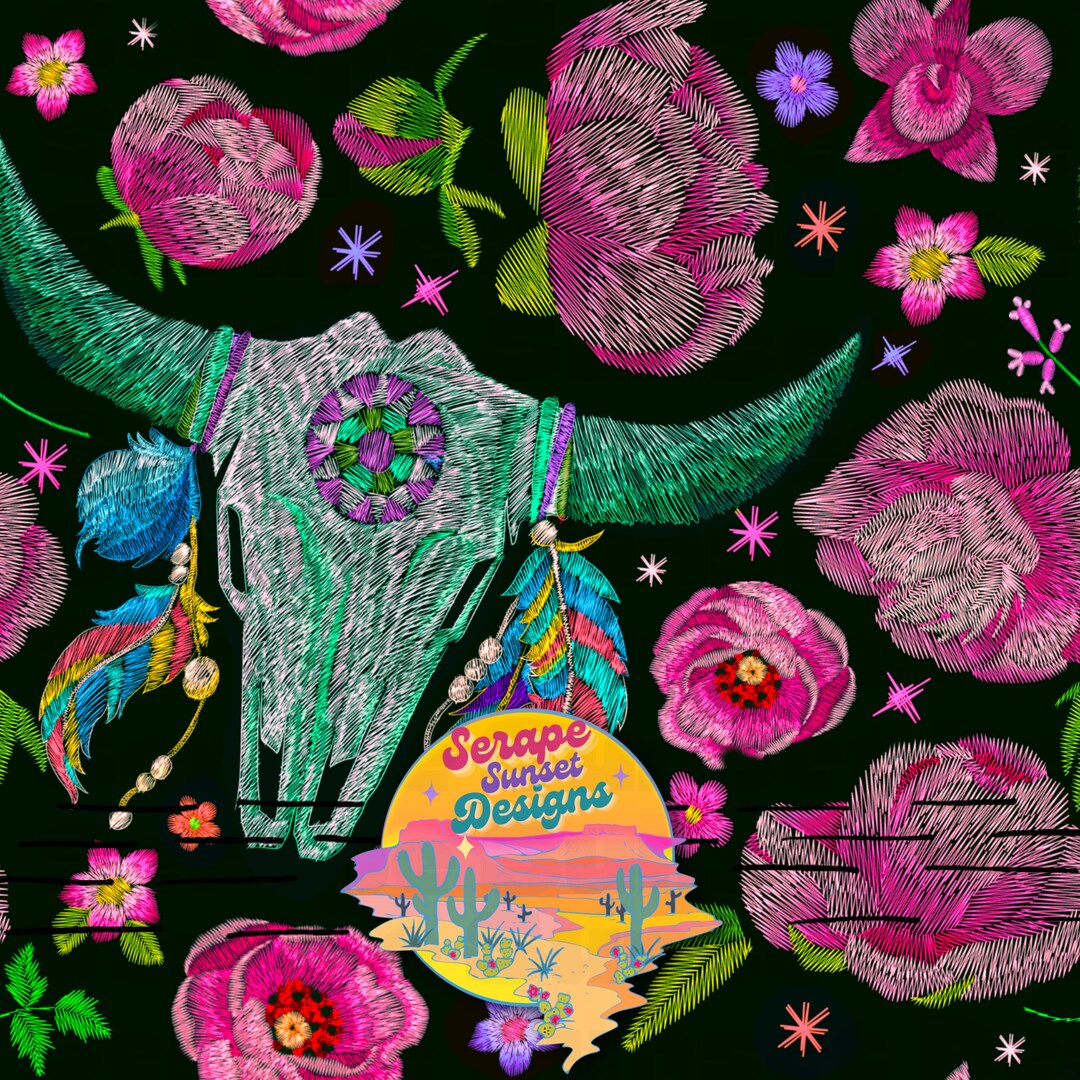 Embroidered Western Flowers and Cow Skull - Seamless Pattern Digital ...