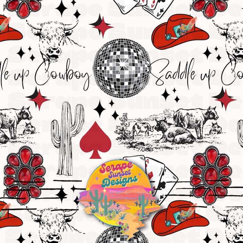 Cowboy Killer Seamless Pattern, Disco Ball, Ace of Spades, Western ...