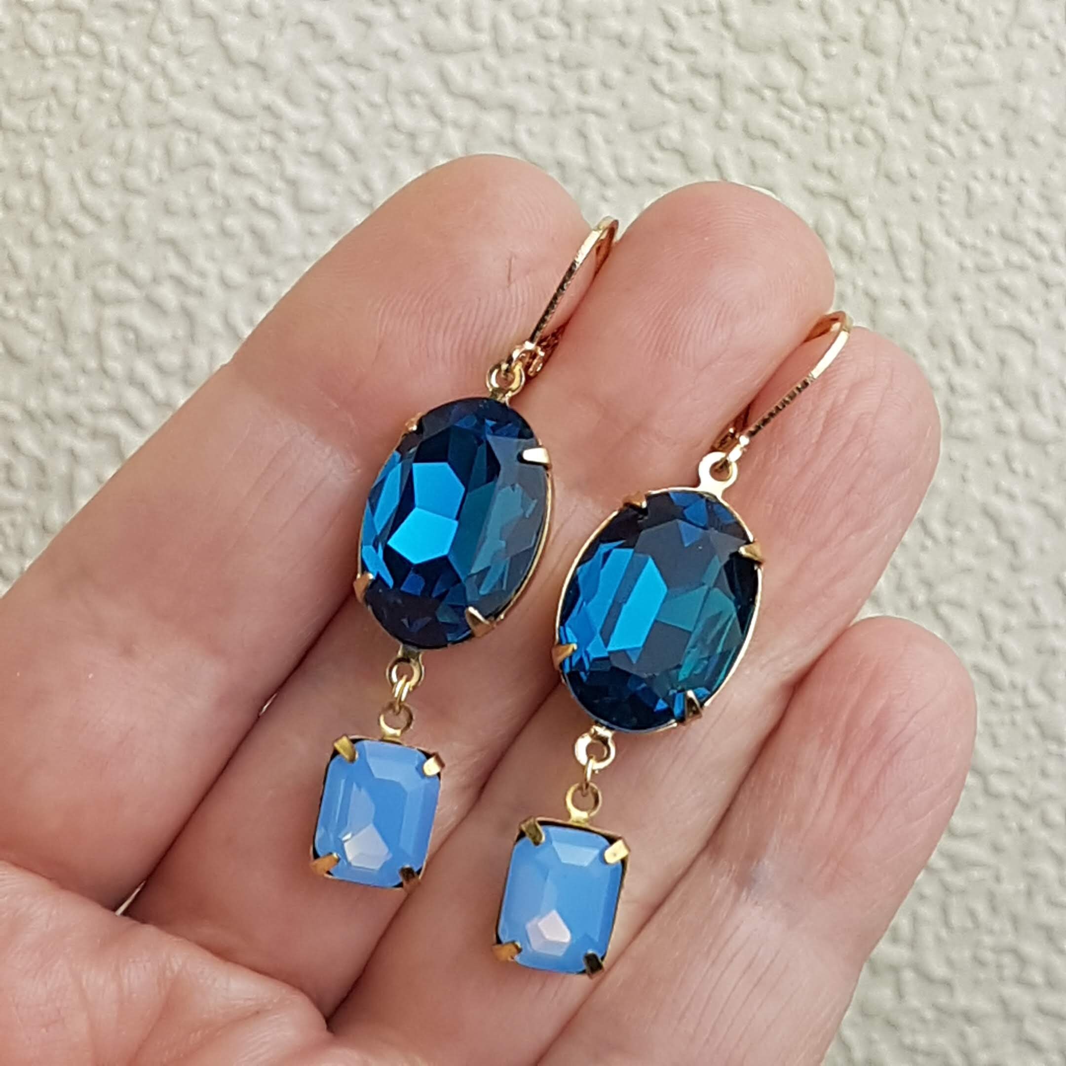 Sapphire Blue Swarovski Earrings Drop Vintage Style Blue Opal - Etsy UK