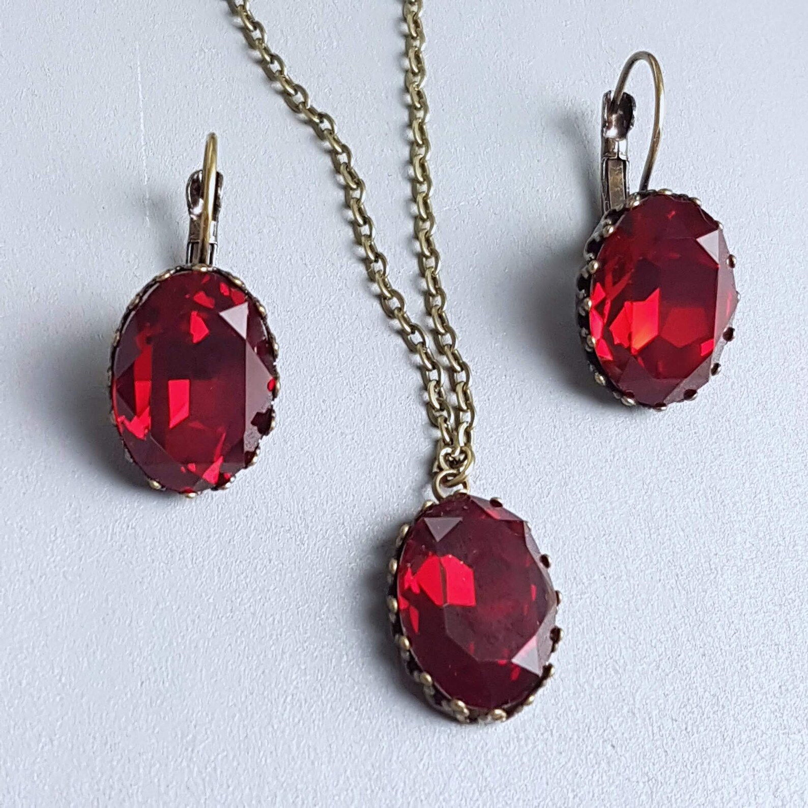 Deep Red Jewelry Set Antique Brass Bridesmaid Jewellery Oval - Etsy UK