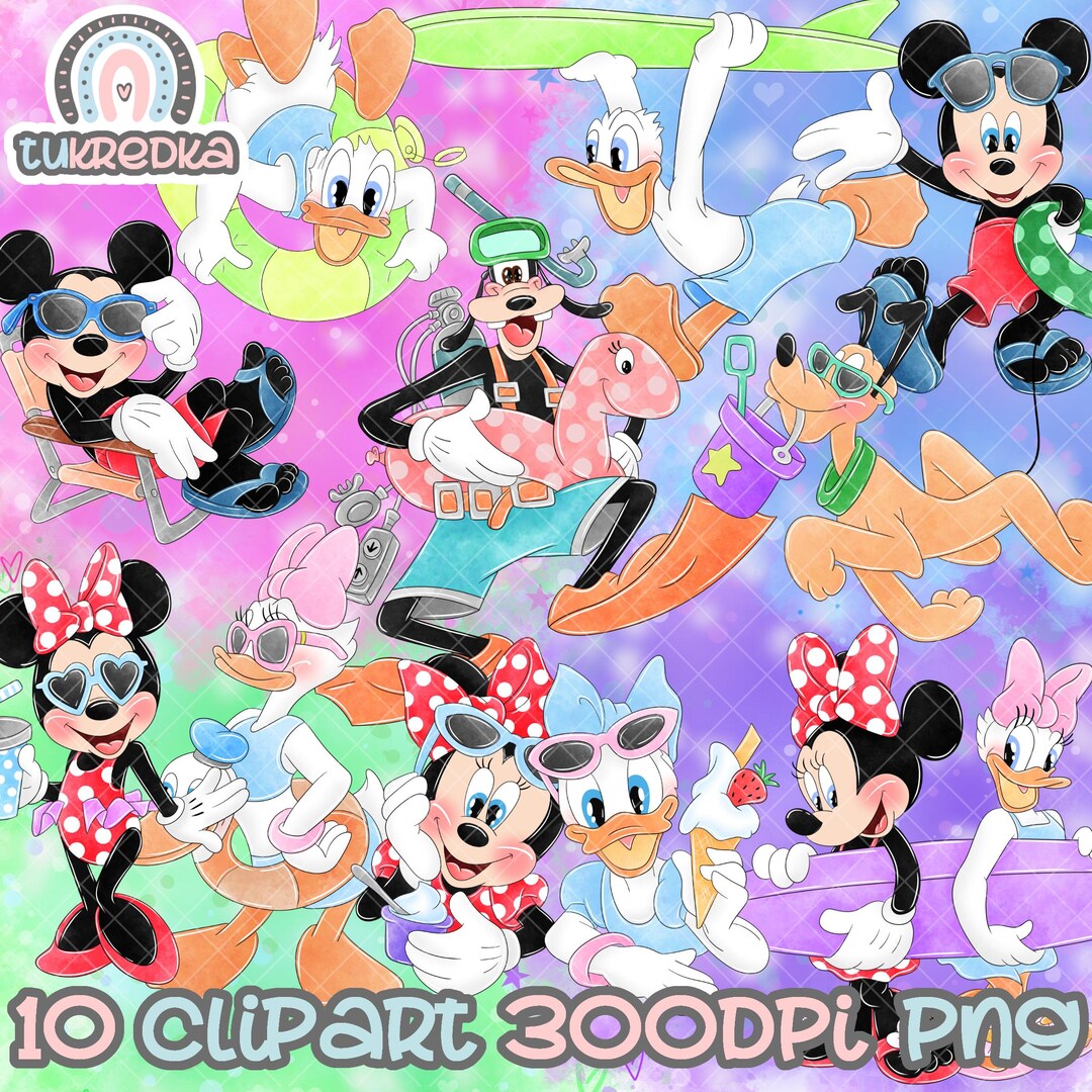 Set of Mickey Minnie Mouse Beach Clipart, PNG Clip Art, Cartoon ...