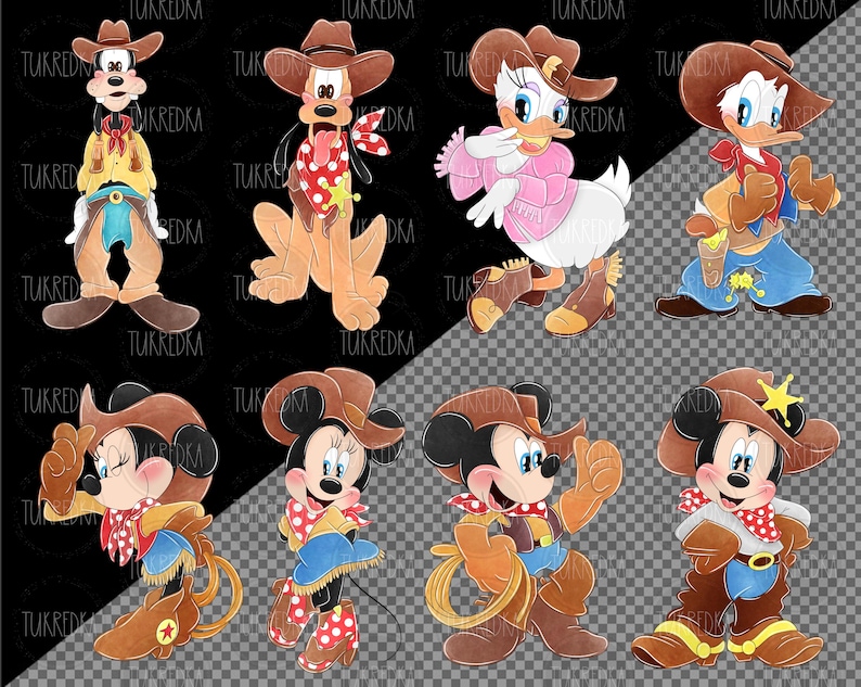 Set of Mickey and Minnie Mouse Cowboy Clipart, PNG Clip Art, Cartoon ...