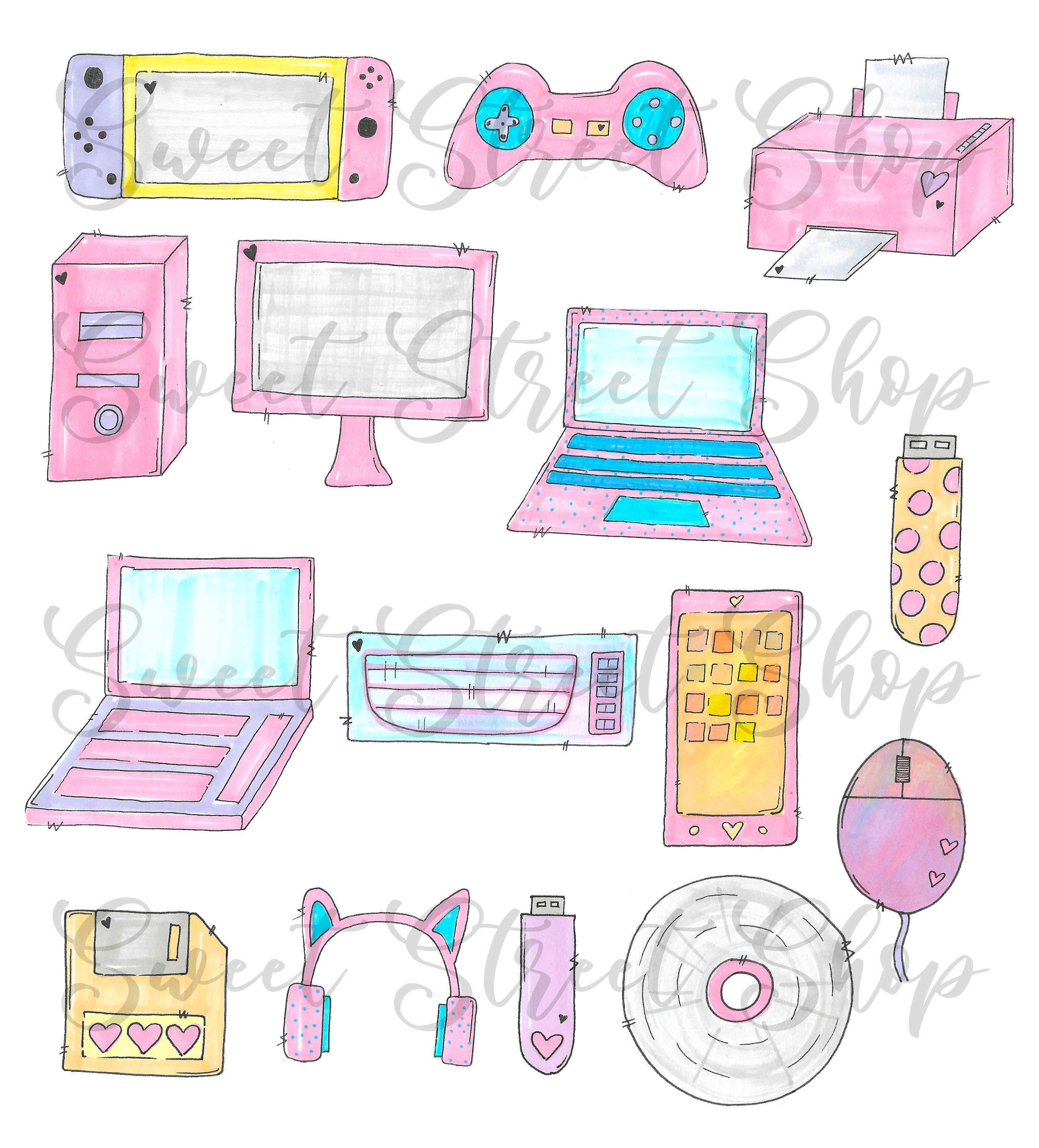 Technology Cute Pink Pastel Clipart Clip Art Watercolor - Etsy