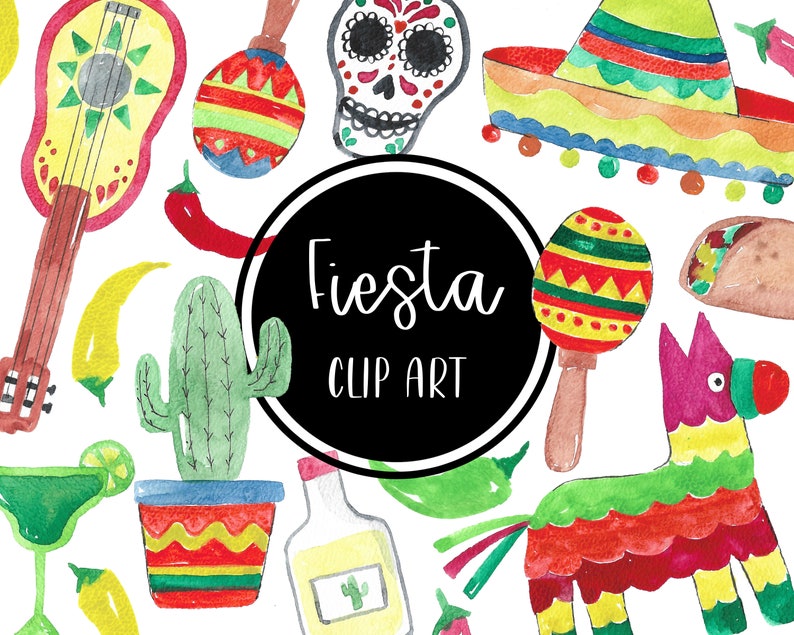 Fiesta Clip Art Watercolor Handpainted Digital Clipart Taco Cinco De ...