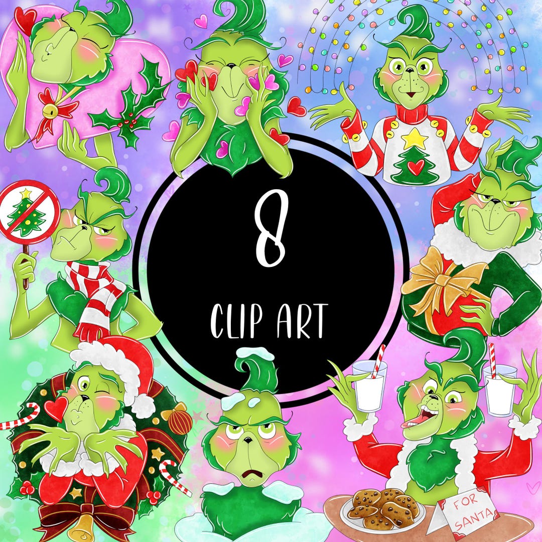 Set Christmas Grinch Clip Art PNG, Hand Drawn Cartoon Xmas Grinch ...
