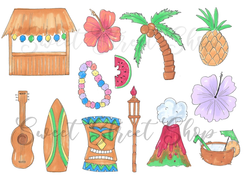 Luau Hand Drawn Clip Art Tiki Party Tropical Download Free - Etsy