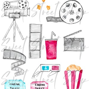 Movie Clip Art Watercolor Handpainted Digital Clipart Cinema Download ...