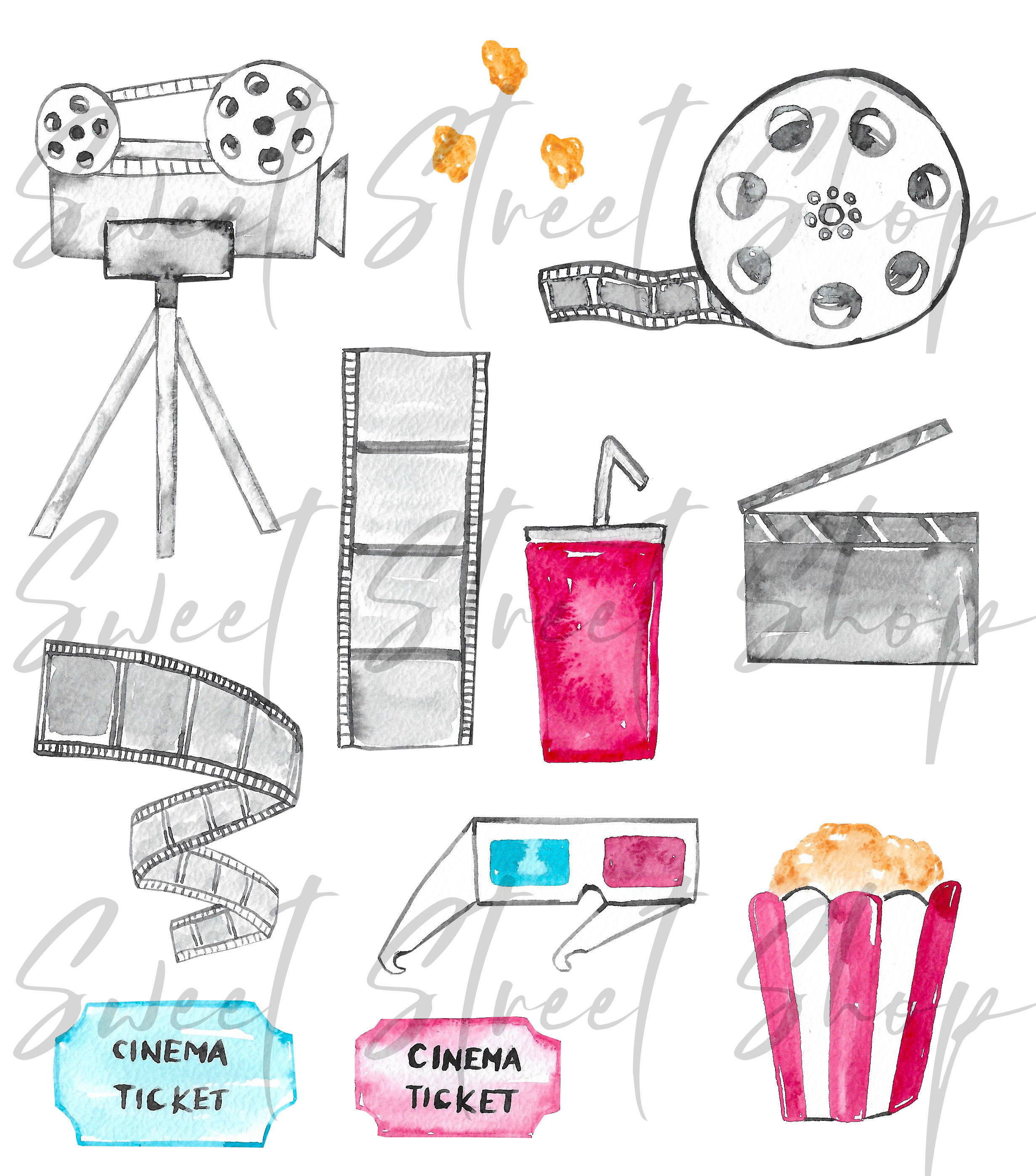 Movie Clip Art Watercolor Handpainted Digital Clipart Cinema Download ...