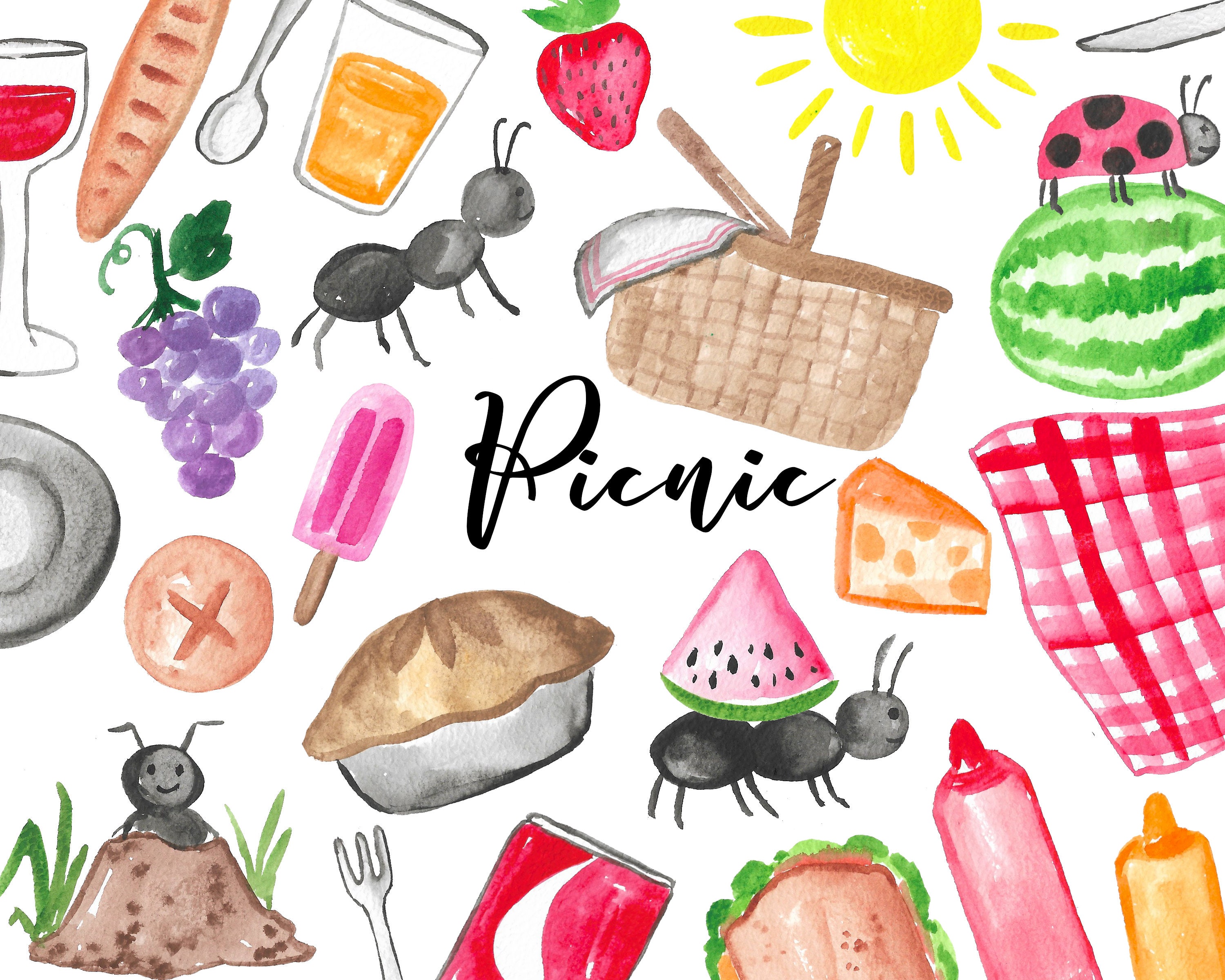 Picnic Watercolor Handpainted Digital Clipart Food Cards - Etsy