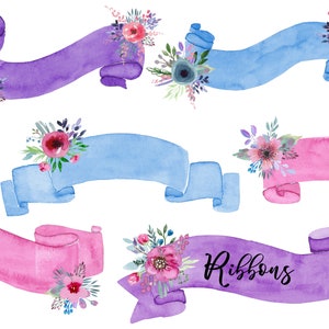 Ribbons Watercolor Handpainted Digital Clipart Banner Frames Flowers ...
