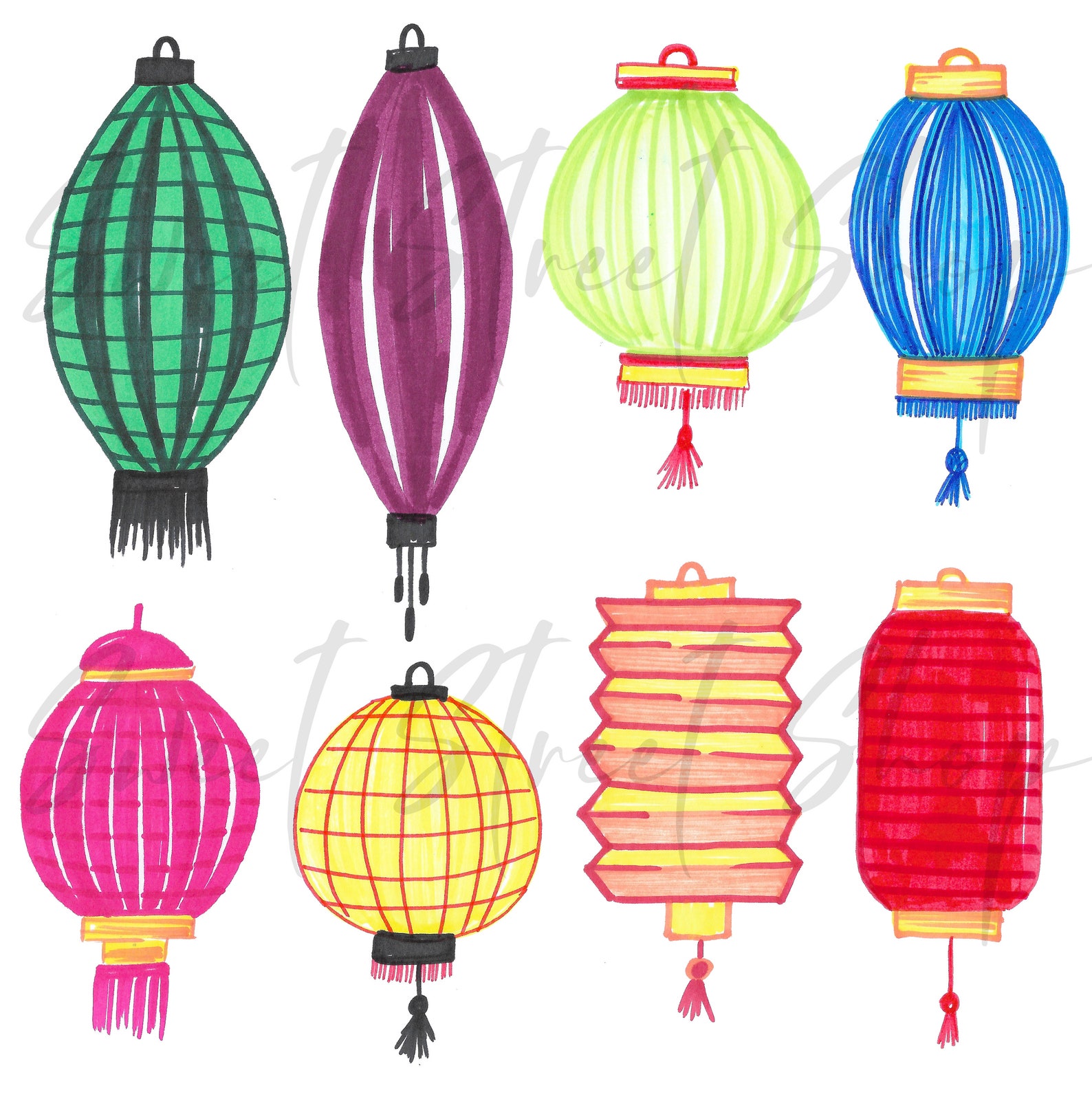 Lanterns Watercolor Handpainted Digital Clipart Chinese Light - Etsy