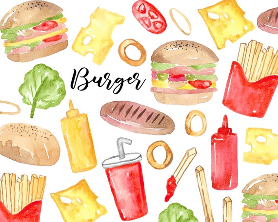 Burger Watercolor Handpainted Digital Clipart Tomate Cheese | Etsy