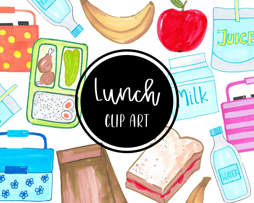 Lunch Watercolor Handpainted Digital Clip Art Clipart Food Milk Apple ...