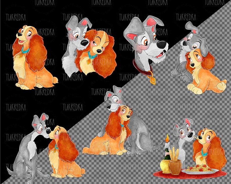 Set of Lady and the Tramp Clip Art PNG, Cartoon Sublimation PNG Clipart ...