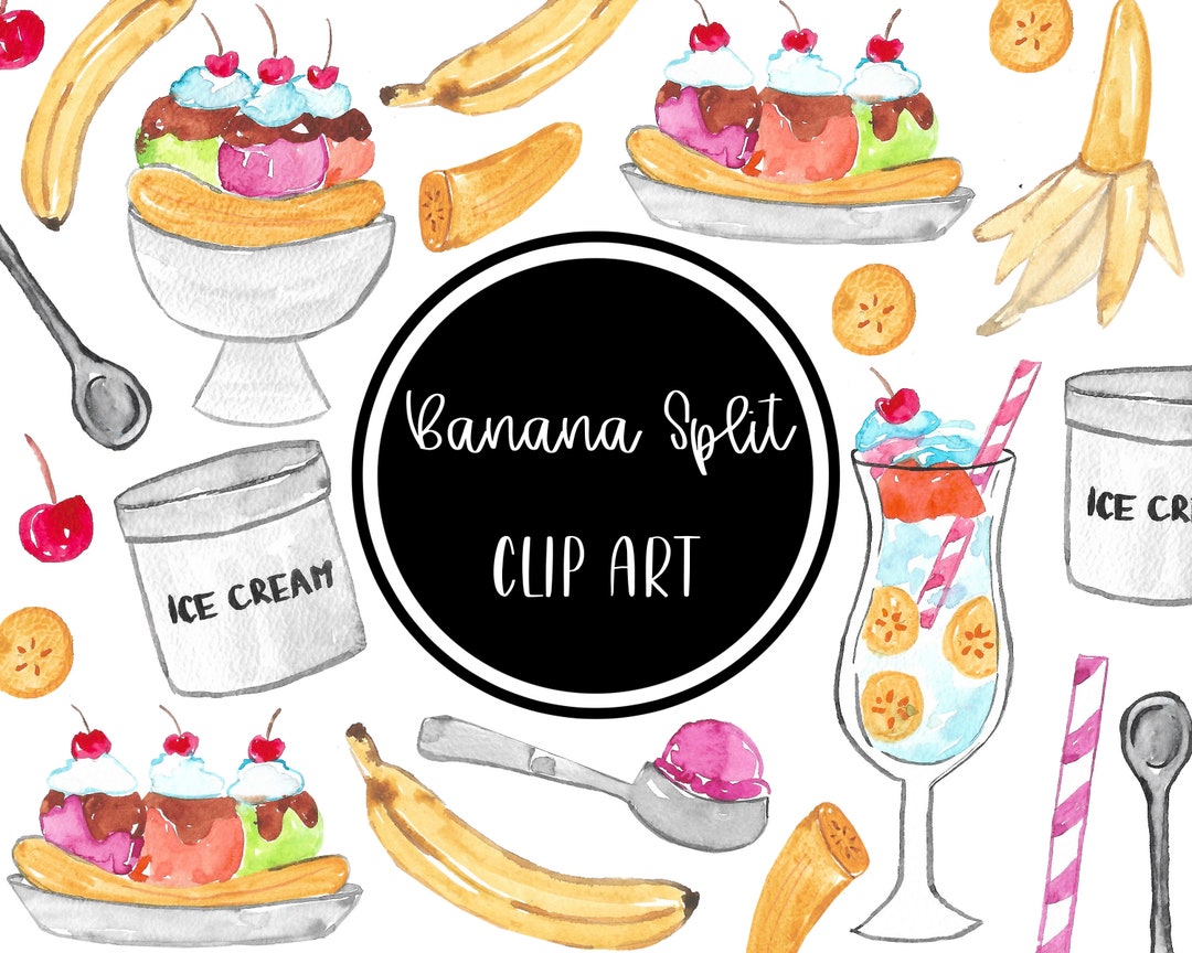 Fruit Banana Split Clip Art Watercolor Handpainted Ice Cream Cherry ...