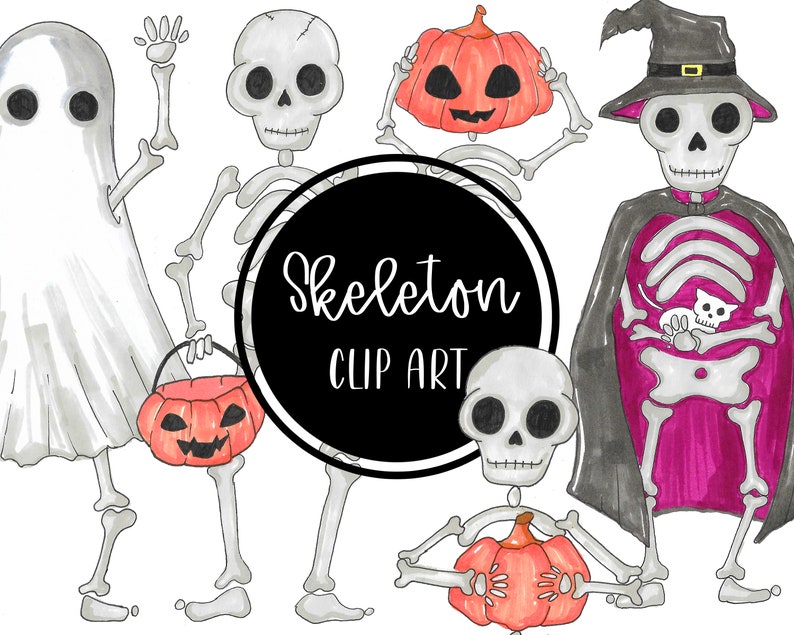 Halloween Clip Art Skeleton Bone Bones Man Pumpkin Ghost Watercolor ...