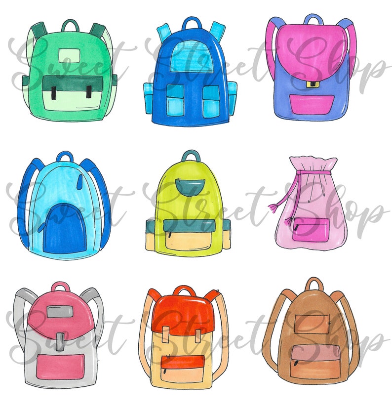 Backpack Clip Art Back to School Handpainted Digital Clipart Education ...