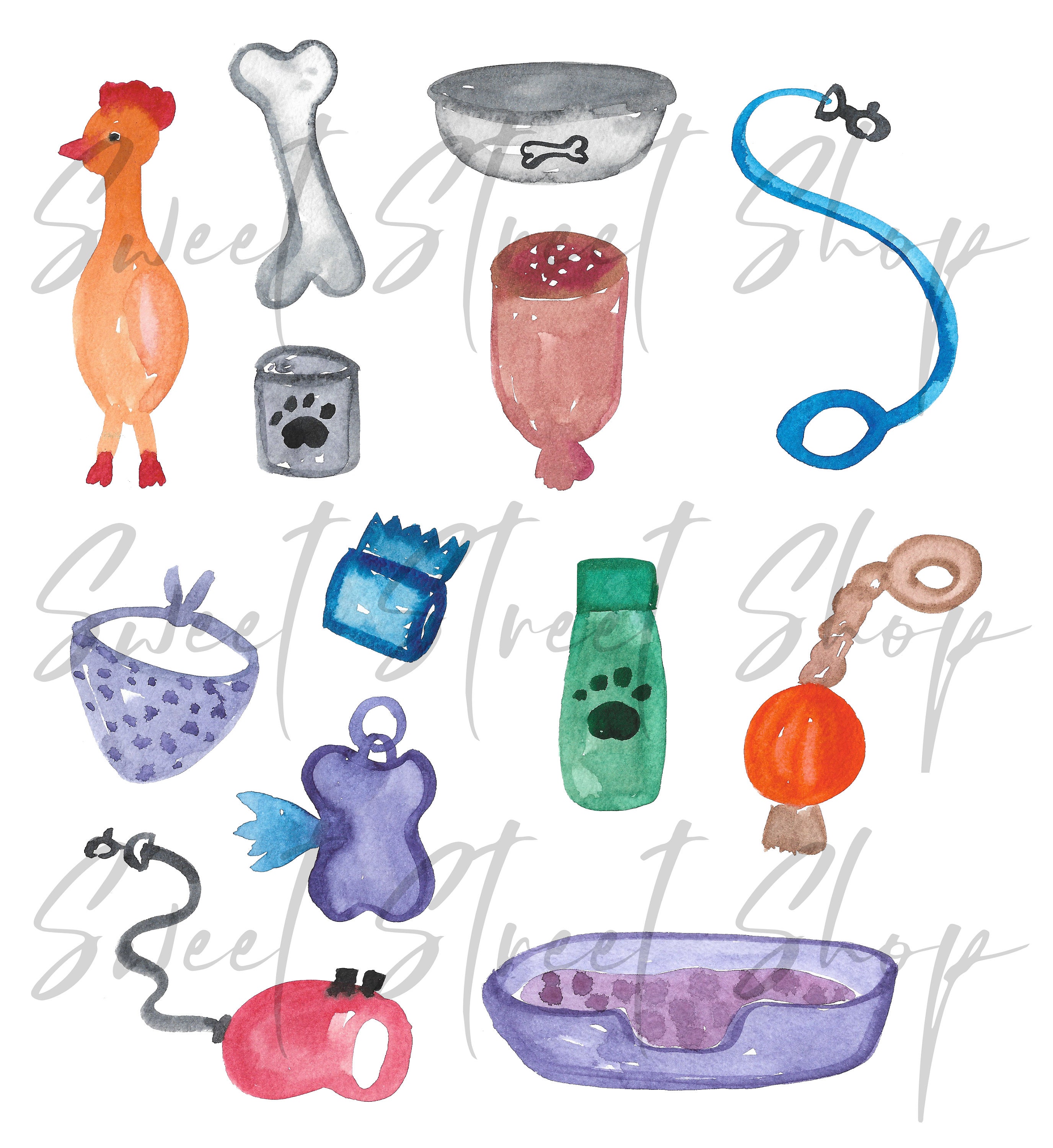 Dog Accessories Clip Art Watercolor Handpainted Digital Clipart Leash ...