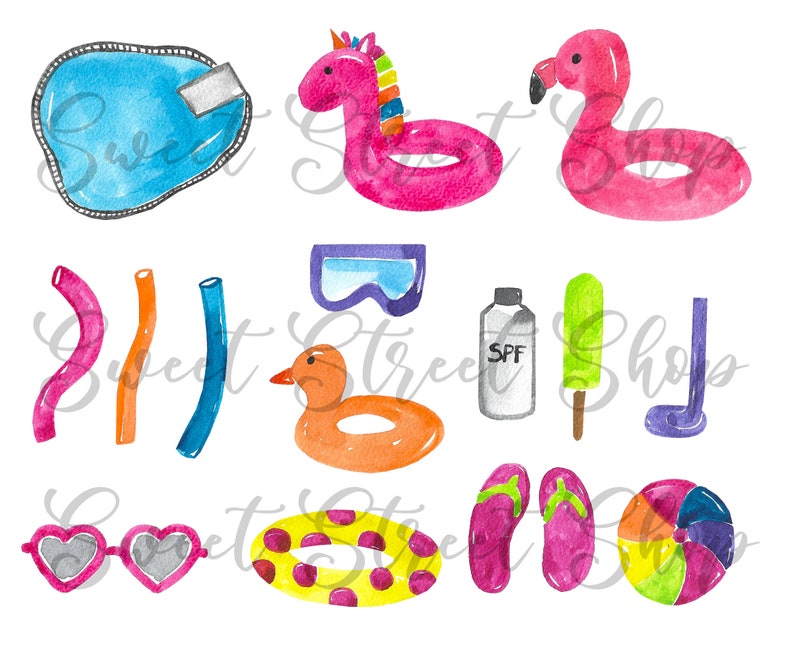 Pool Party Clip Art Watercolor Handpainted Digital Clipart Summer Glass ...