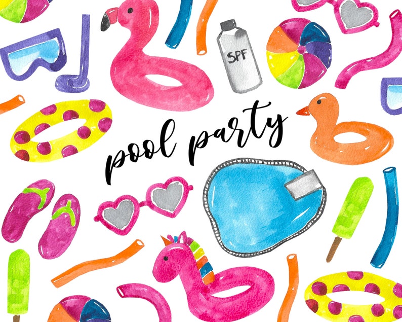 Pool Party Clip Art Watercolor Handpainted Digital Clipart - Etsy