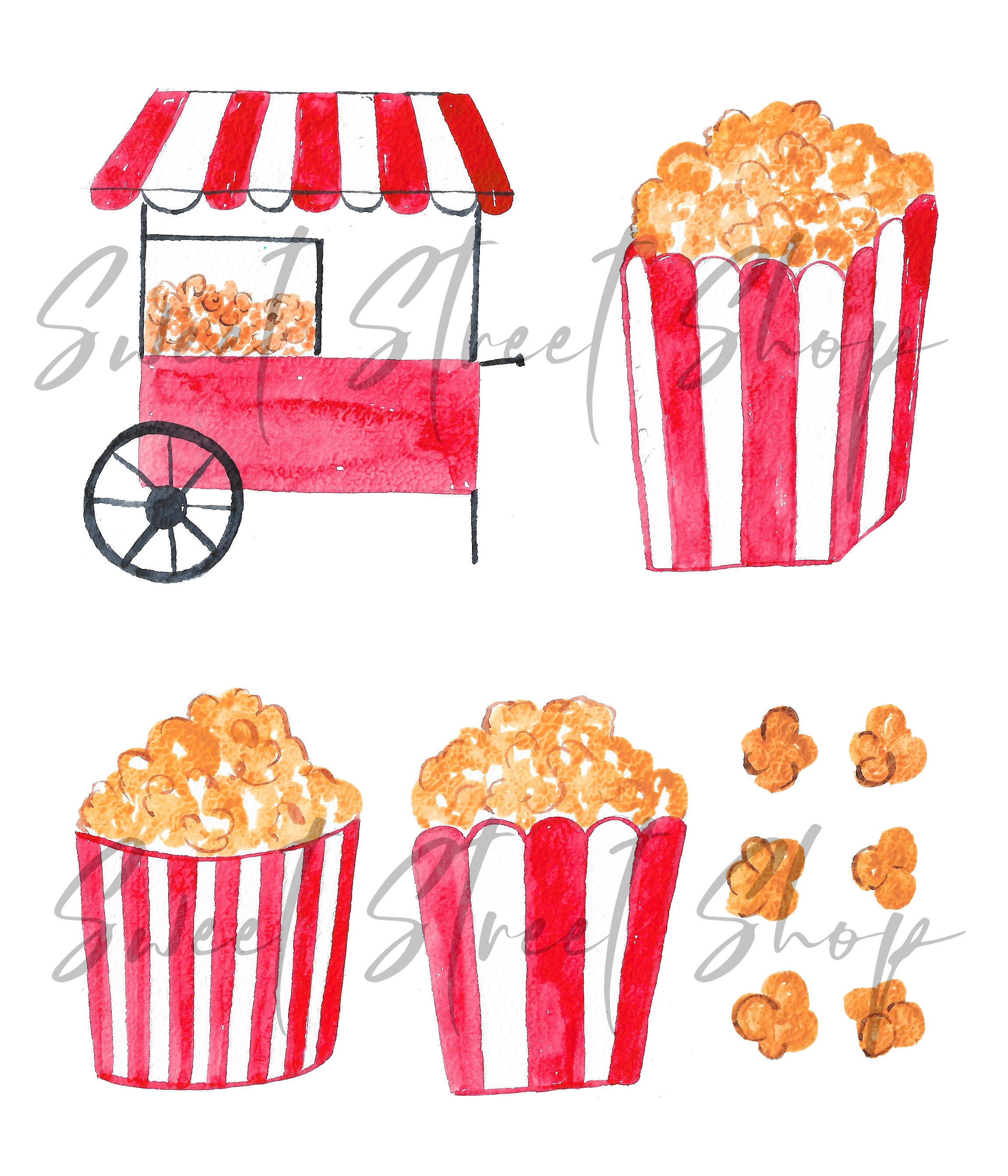 Popcorn Watercolor Handpainted Digital Clipart Food Carnival - Etsy