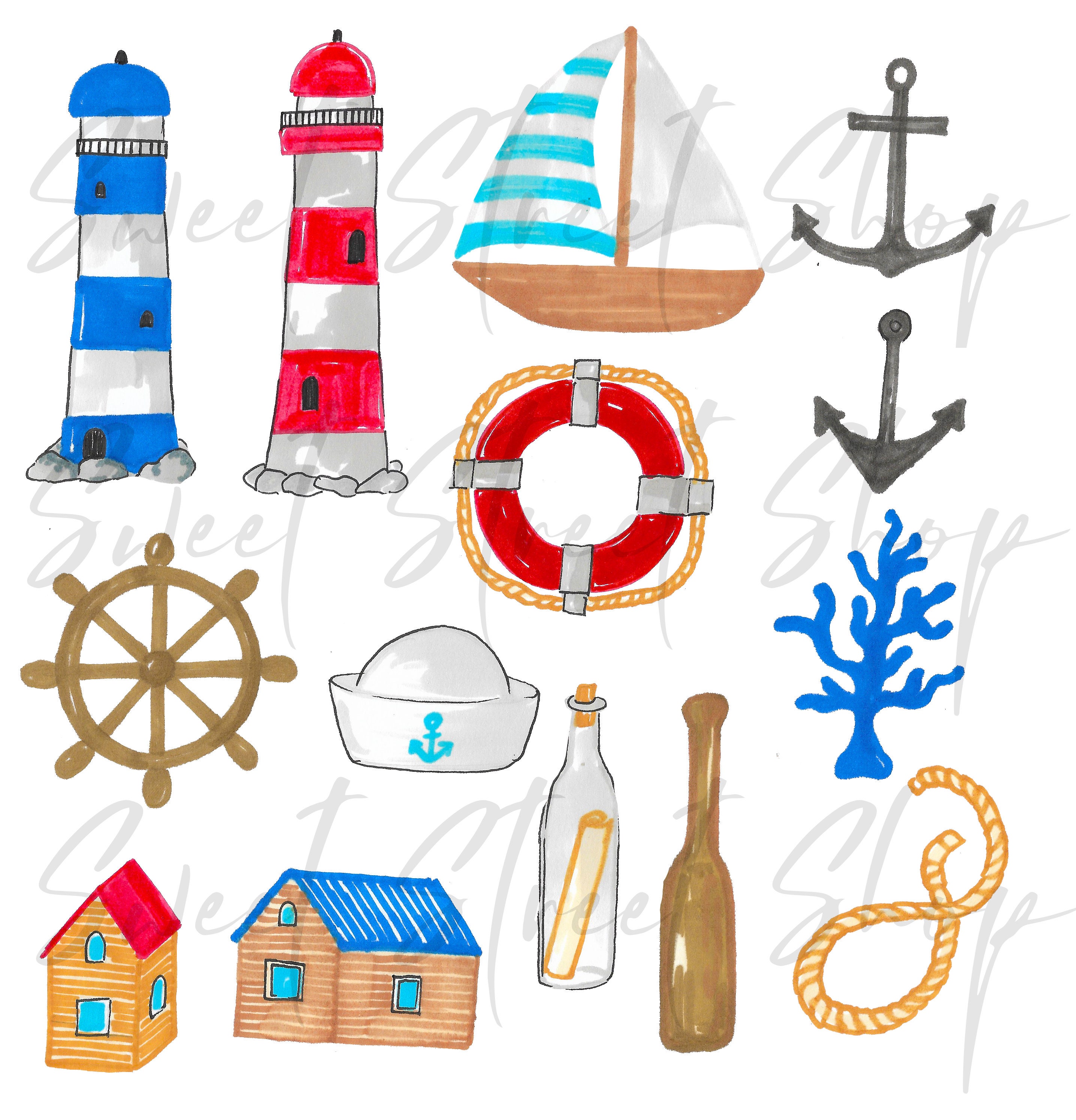 Nautical Clip Art Watercolor Handpainted Digital Clipart Summer Beach ...