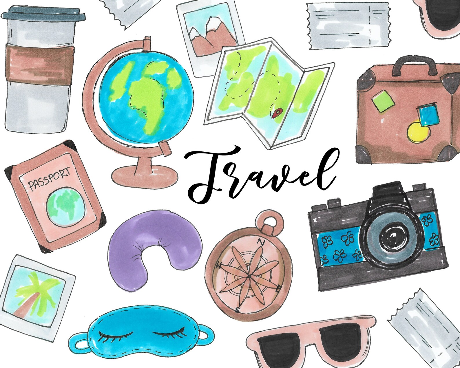 Travel Watercolor Handpainted Digital Traveling Clipart - Etsy