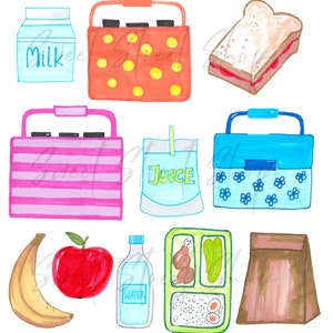 Lunch Watercolor Handpainted Digital Clip Art Clipart Food Milk Apple ...