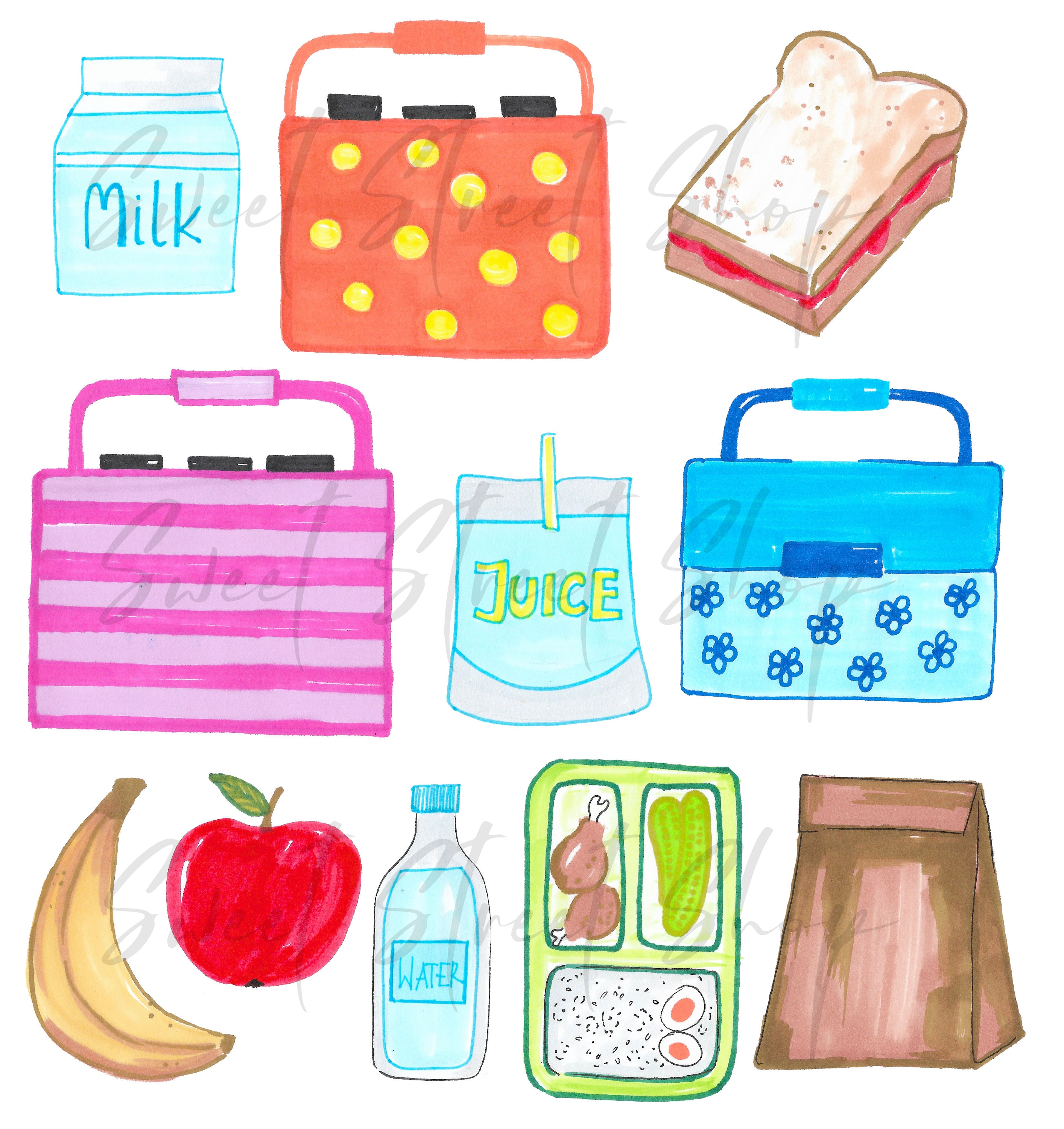 Lunch Watercolor Handpainted Digital Clip Art Clipart Food Milk Apple ...
