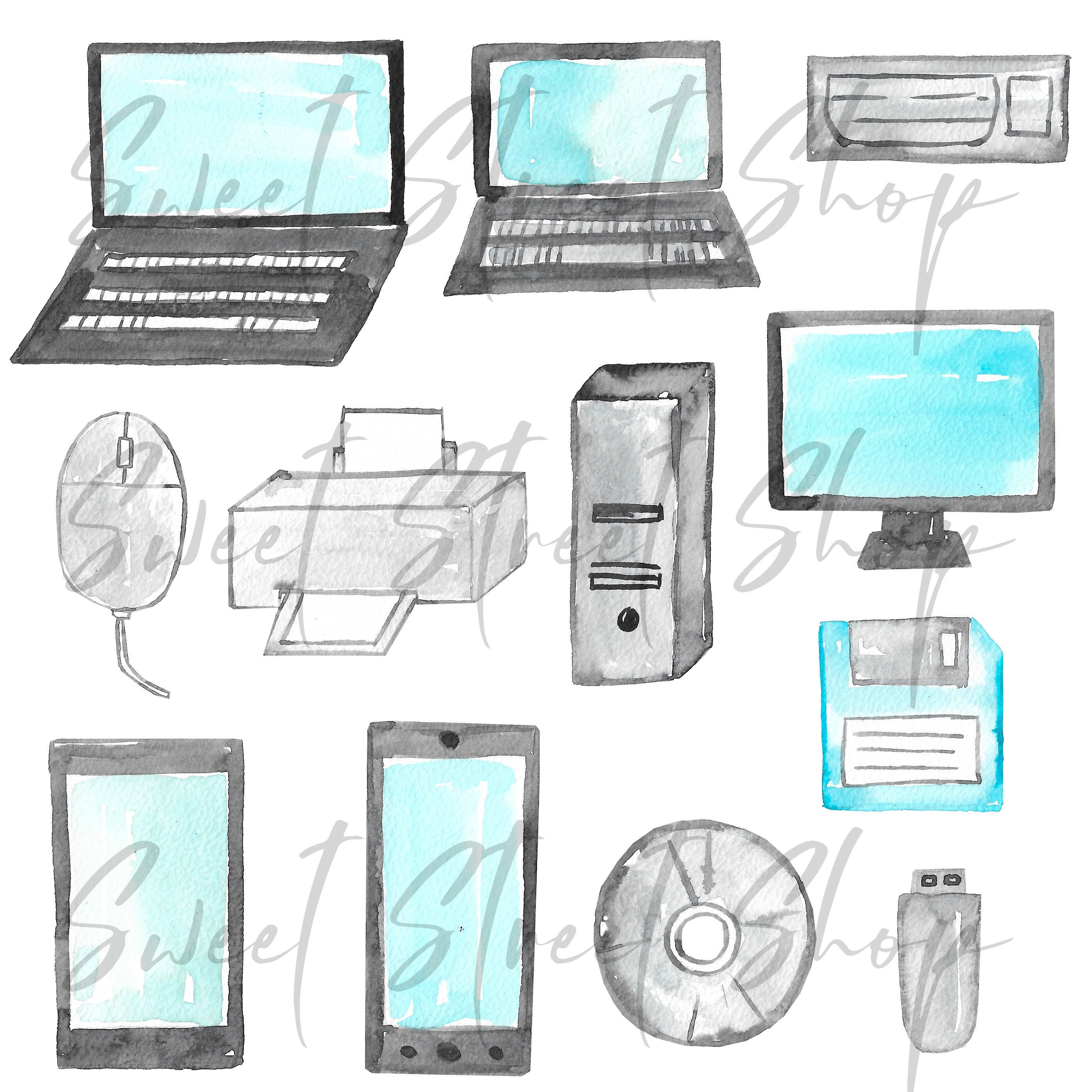Technology Clip Art Watercolor Handpainted Digital Clipart Computer ...