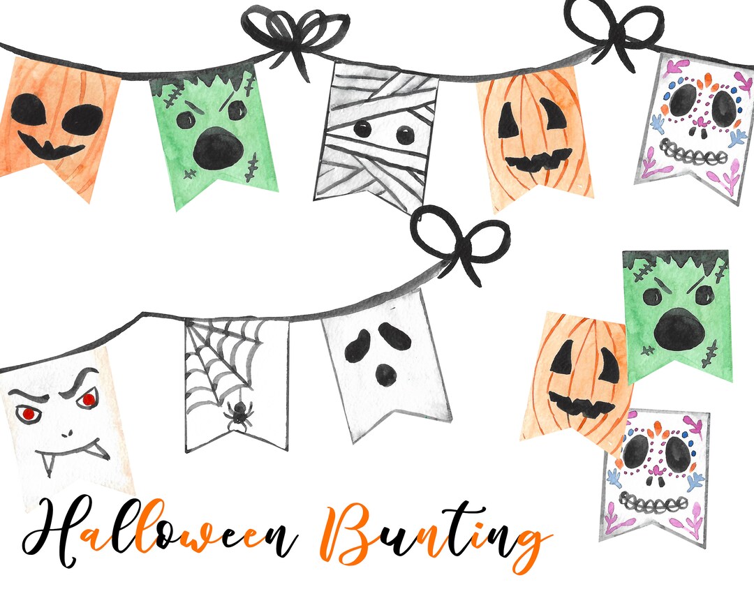 Halloween Bunting Pumpkin Clip Art Watercolor Handpainted Digital ...