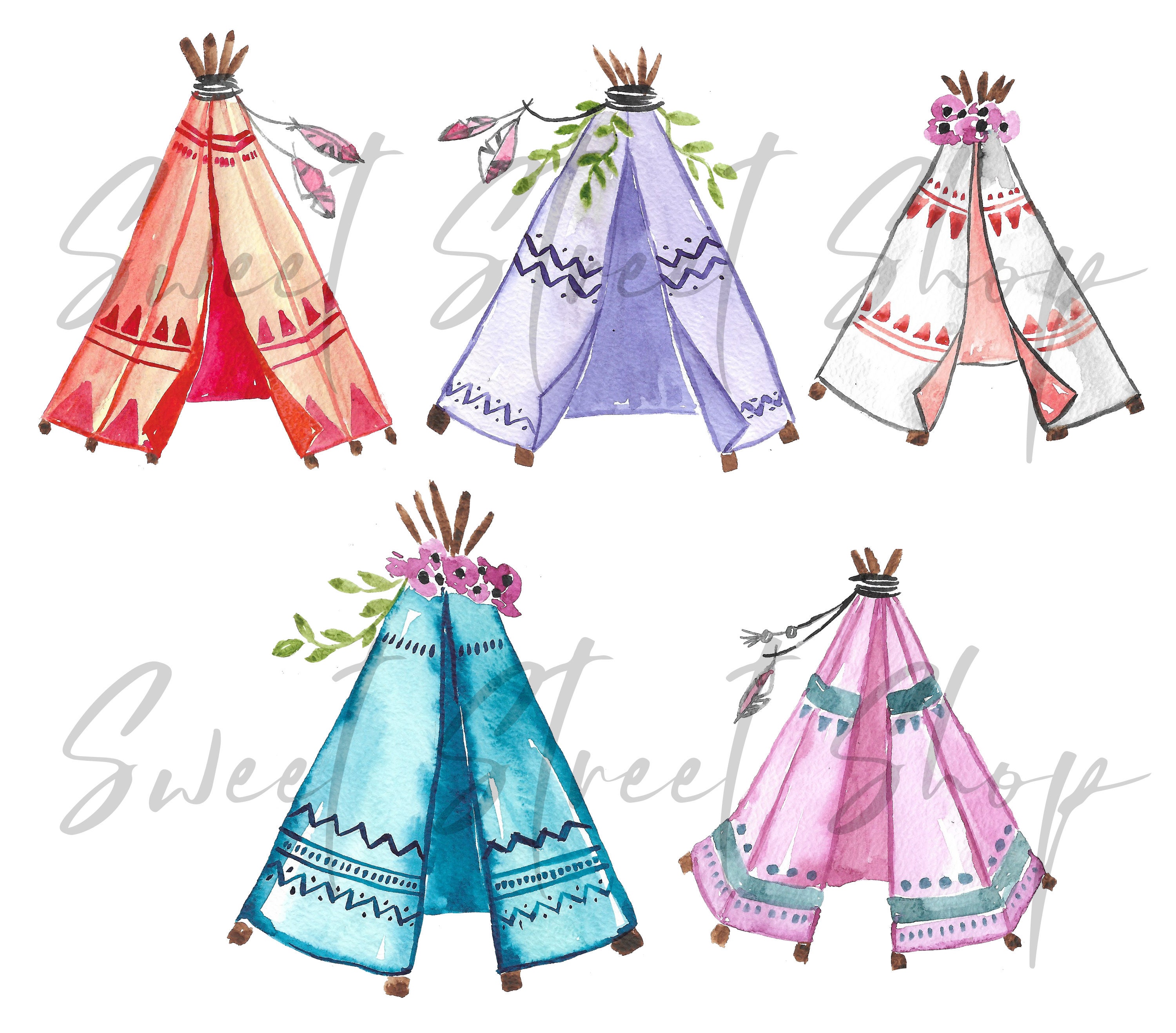Teepee Clip Art Watercolor Handpainted Digital Clipart Tribal Indian ...