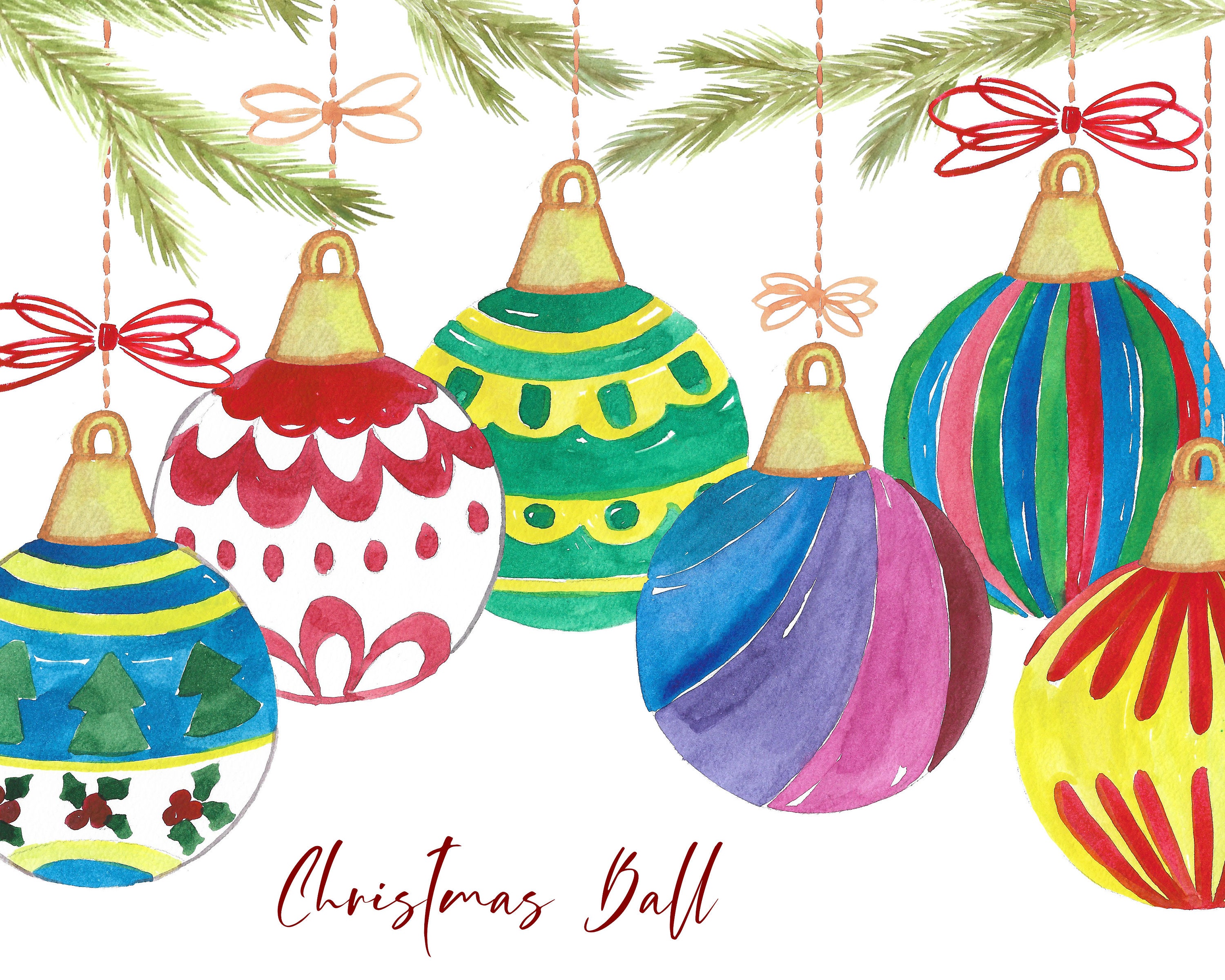 Christmas Ball Clip Art Watercolor Handpainted Holiday Pine Digital ...