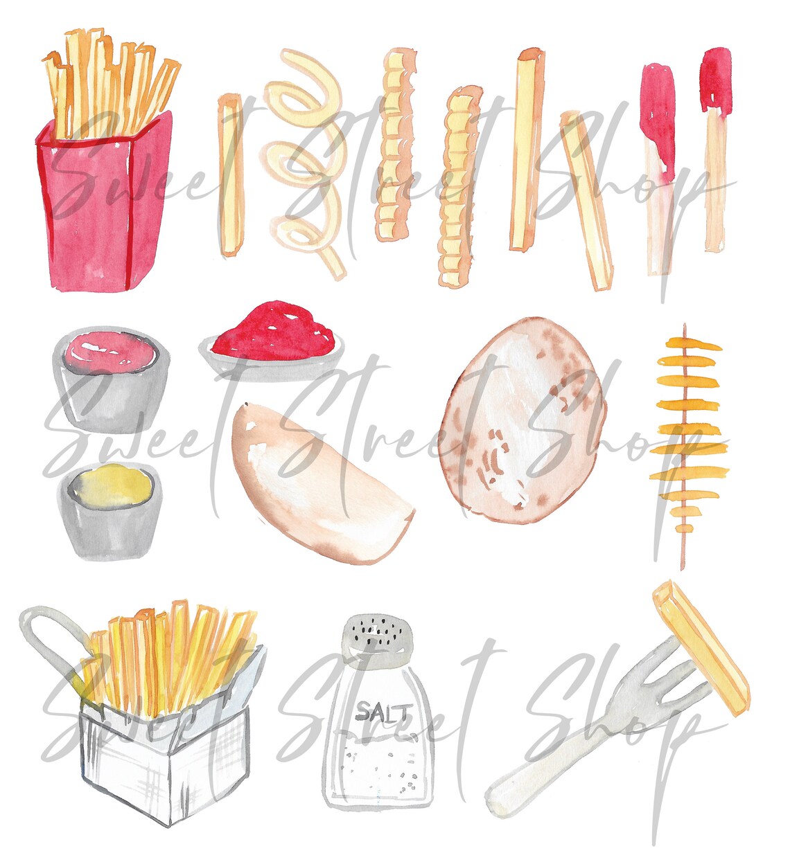 French Fries Watercolor Handpainted Digital Clipart Chips Fast - Etsy