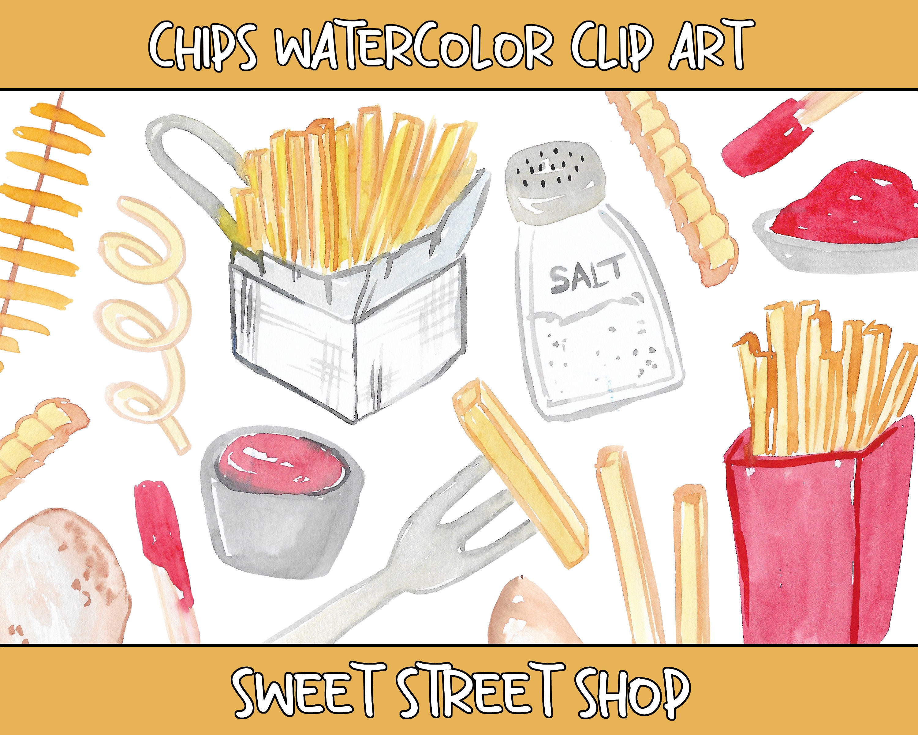 French Fries Watercolor Handpainted Digital Clipart Chips Fast - Etsy