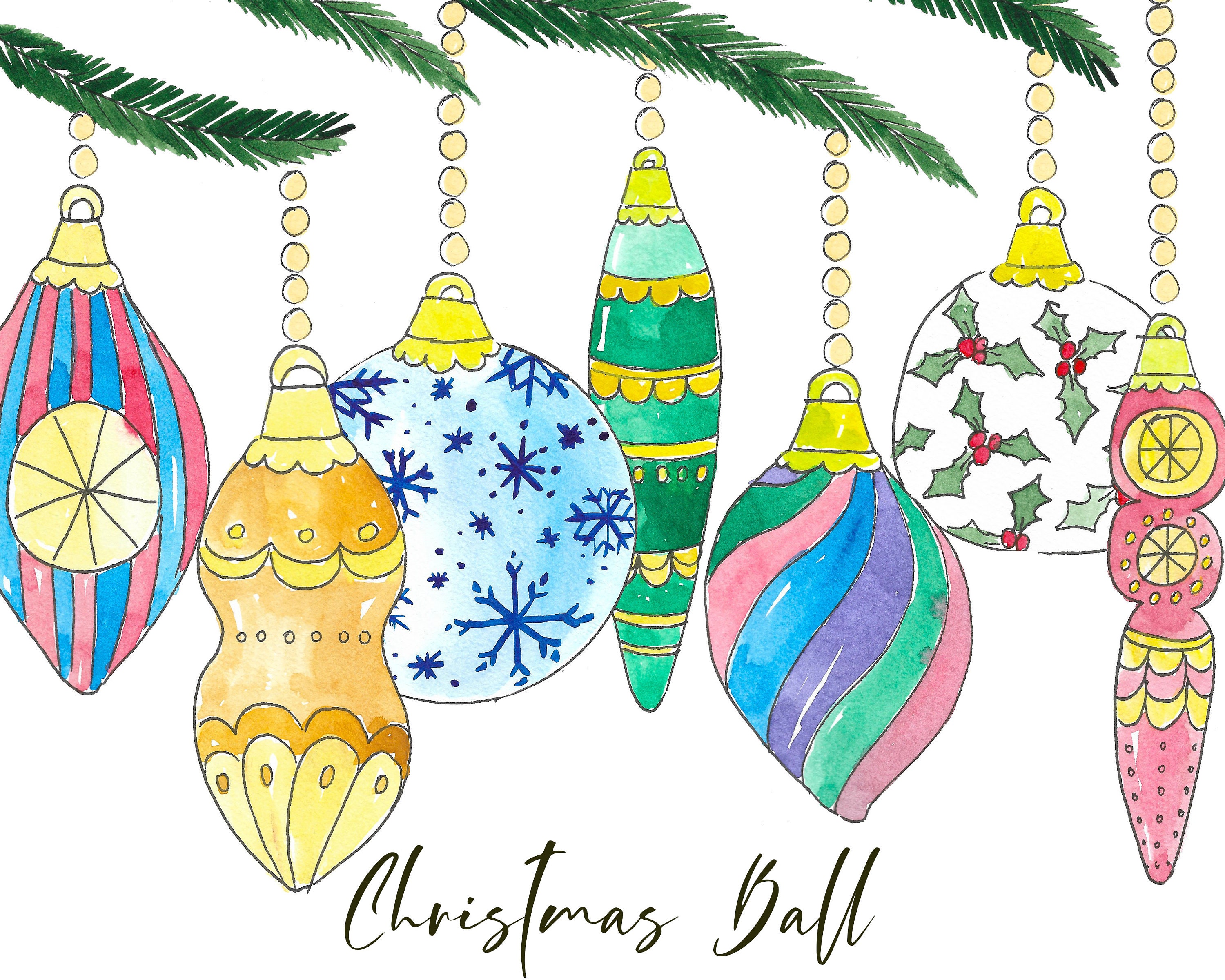Christmas Ball Clip Art Watercolor Handpainted Holiday Pine Digital ...