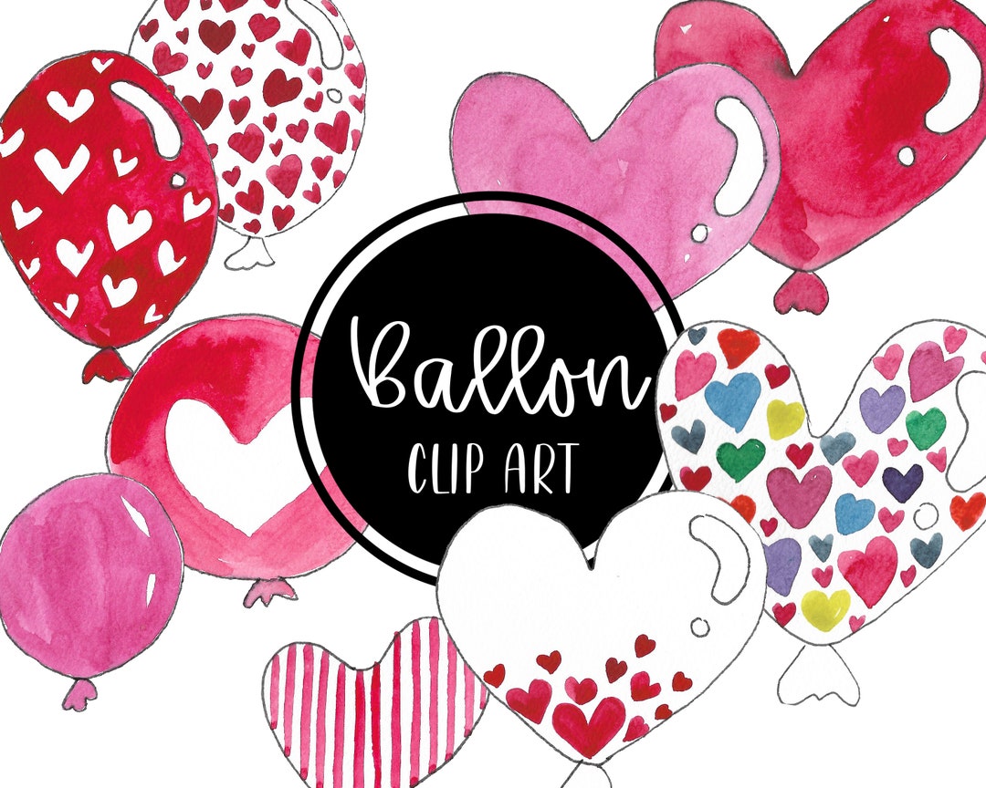 Heart Balloon Clip Art Watercolor Handpainted Digital Clipart Valentine ...