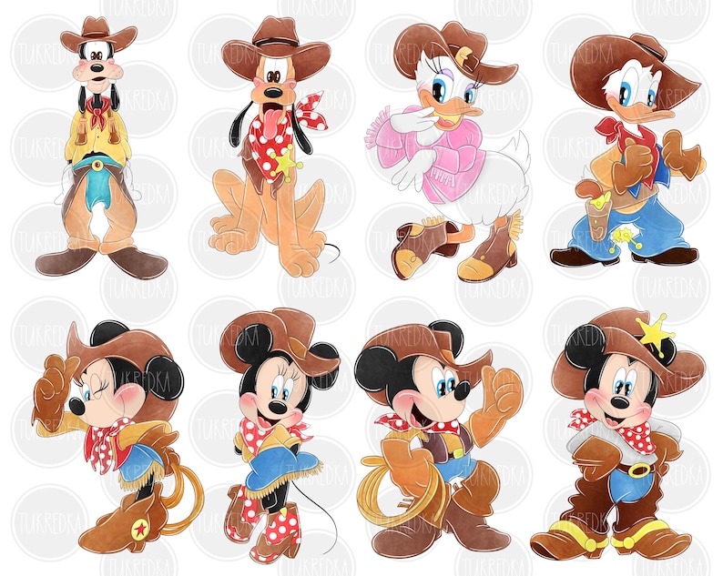 Set of Mickey and Minnie Mouse Cowboy Clipart, PNG Clip Art, Cartoon ...