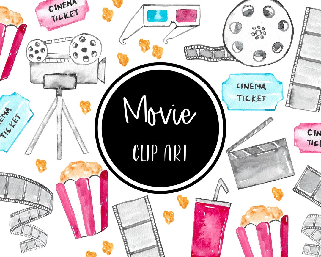 Movie Clip Art Watercolor Handpainted Digital Clipart Cinema Download ...