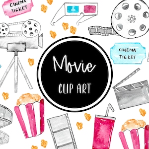 Movie Clip Art Watercolor Handpainted Digital Clipart Cinema Download ...