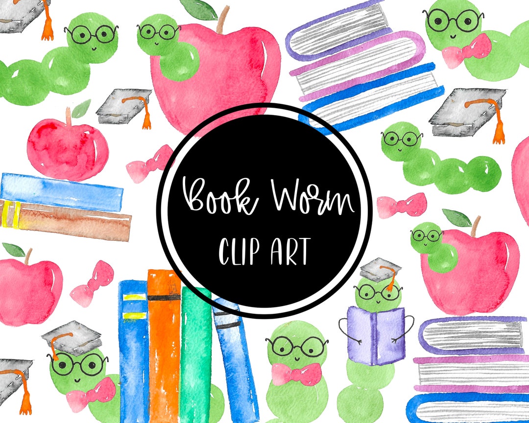 Book Worm Back to School Clip Art Handpainted Digital Clipart Planner ...