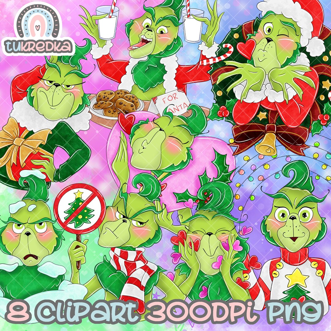 Set di clipart di Natale Grinch PNG, clipart di Natale Grinch disegnato ...