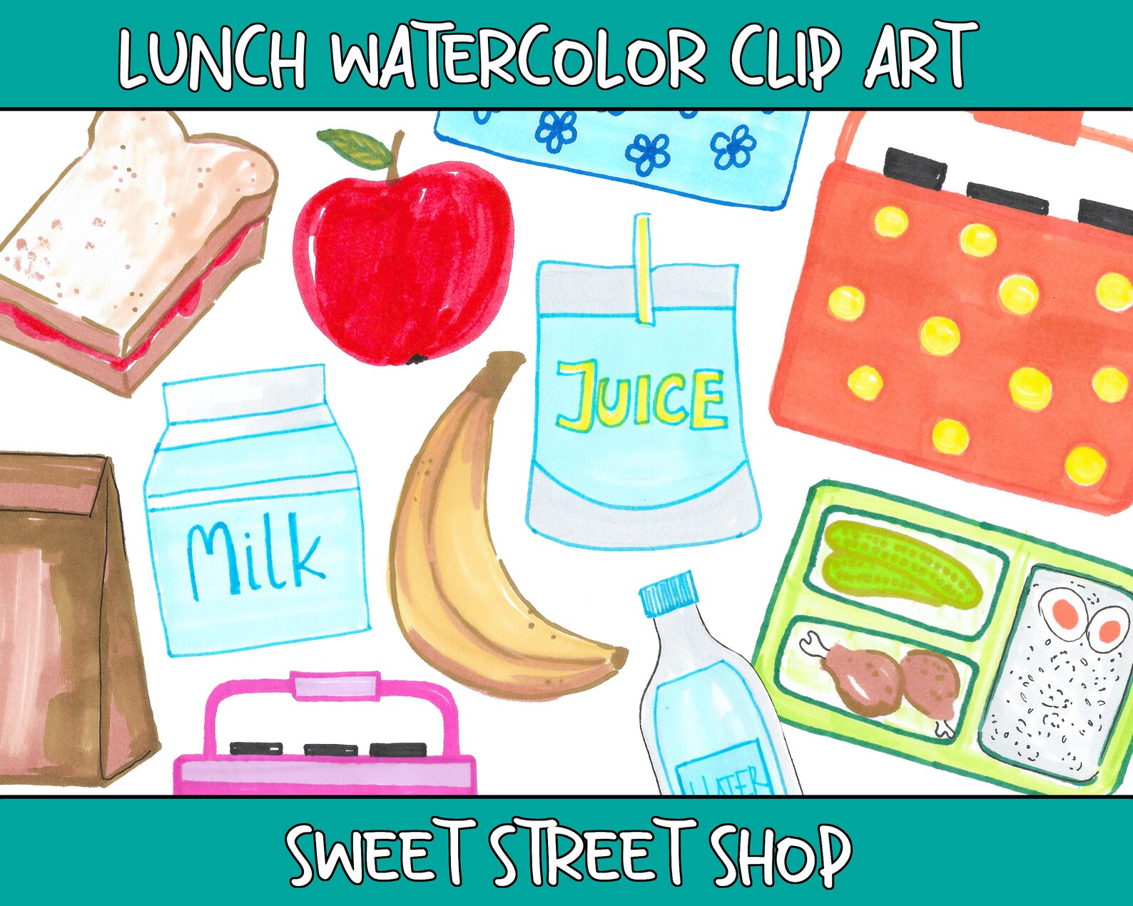 Lunch Watercolor Handpainted Digital Clipart Food Milk Apple - Etsy