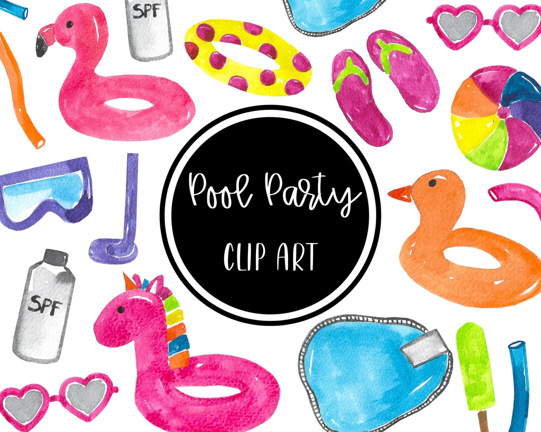 Pool Party Clip Art Watercolor Handpainted Digital Clipart Summer Glass ...