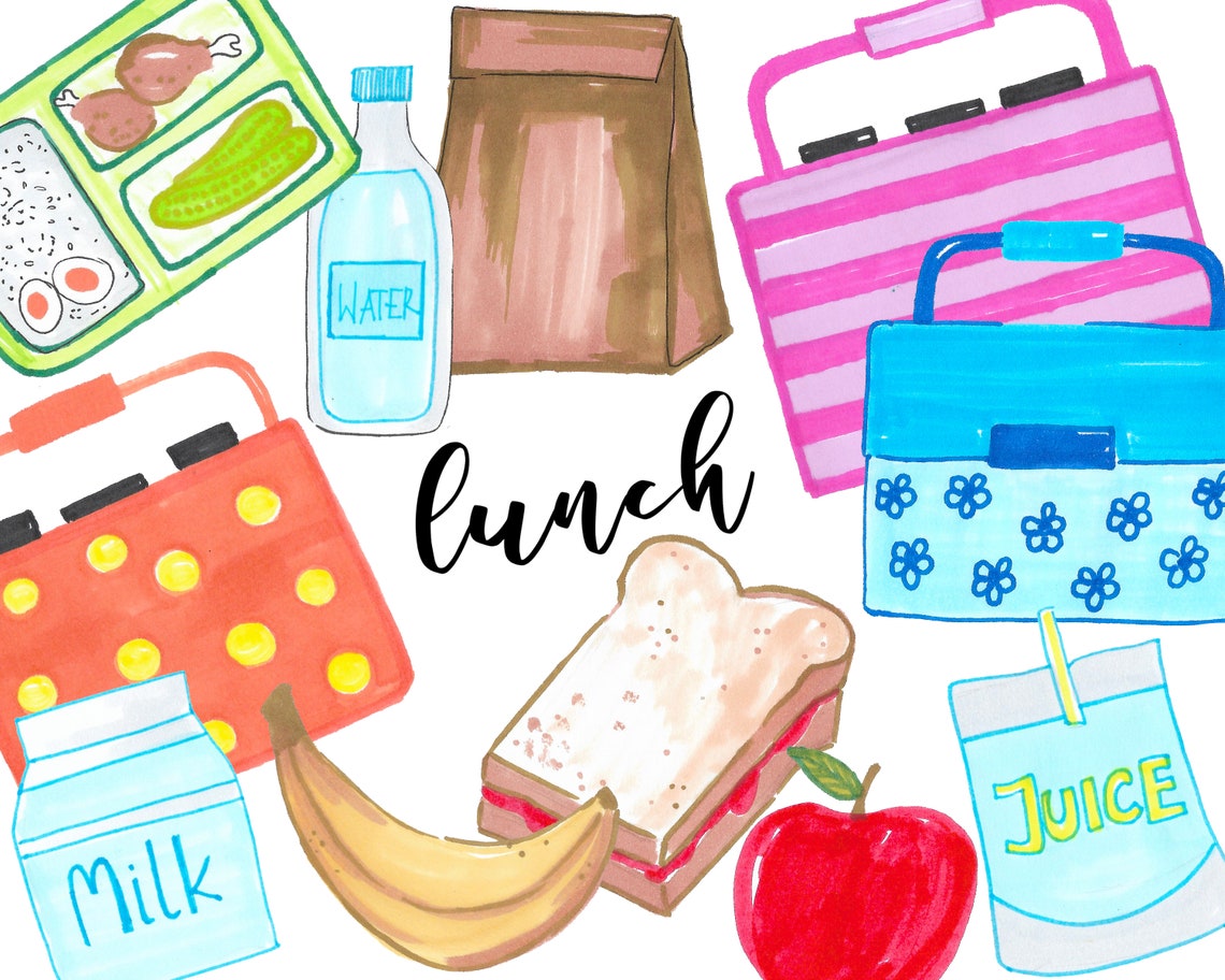 Lunch Watercolor Handpainted Digital Clipart Food Milk Apple | Etsy