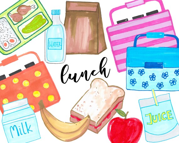 Lunch Watercolor Handpainted Digital Clipart Food Milk Apple | Etsy